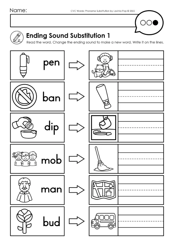 CVC Word Phoneme Substitution Worksheets