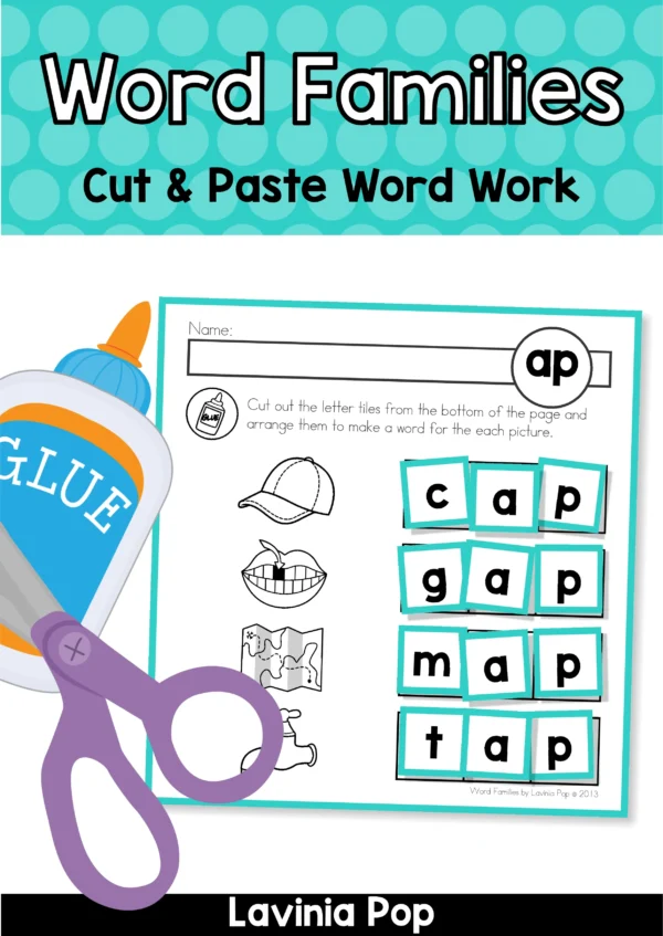 CVC Word Families Word Work Cut & Paste Worksheets