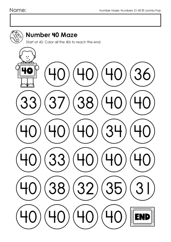 Number Mazes Numbers 21–40 Worksheets